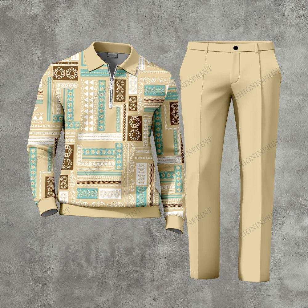 Men's Casual Color Matching Printed Zipper Long Sleeved Polo Shirt ...