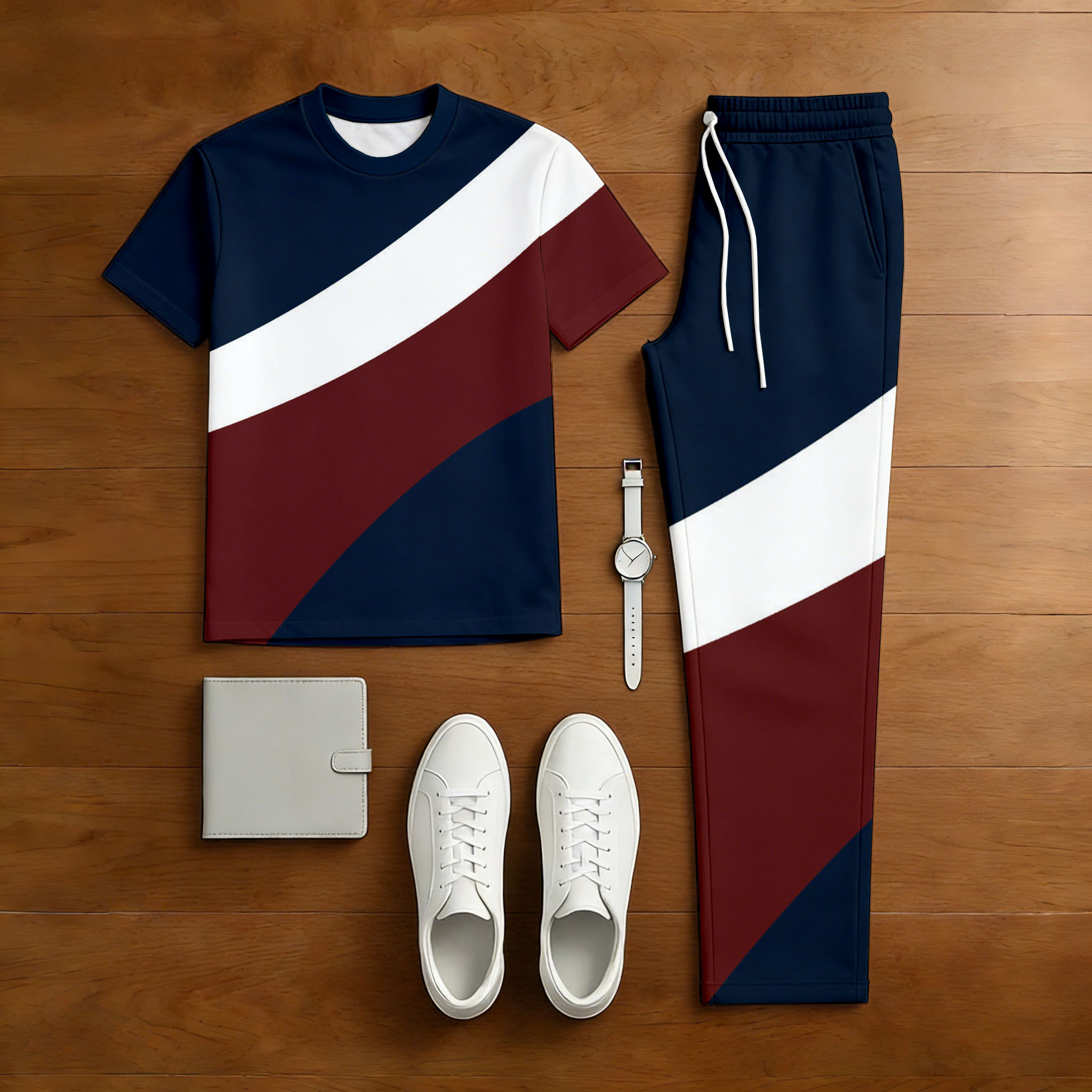 Men's Casual Color Matching Printed Short Sleeved T-Shirt & Trousers T ...