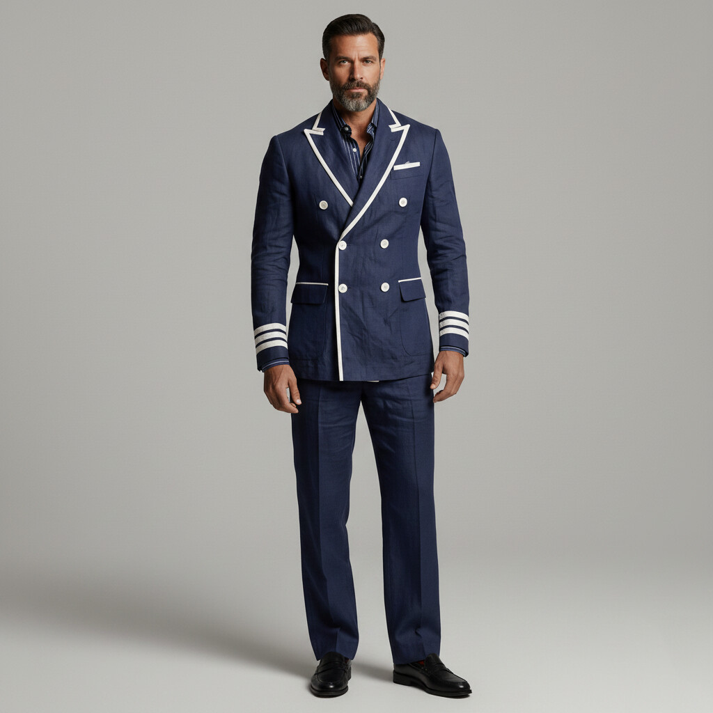 Men's Navy Blue Double-Breasted Contrast Binding Striped Peak Lapel ...