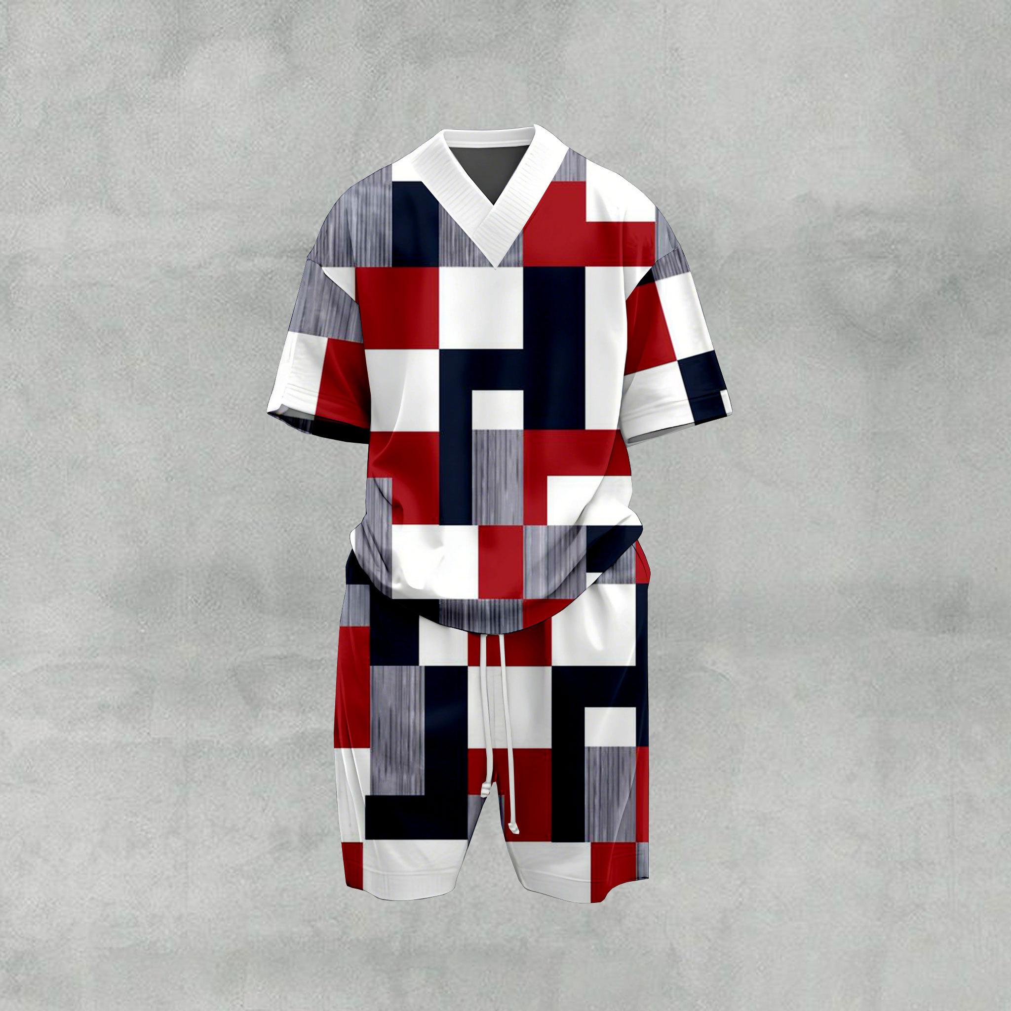 Men's Casual Red & Navy Color Matching Geometric Printed V-Neck Short ...