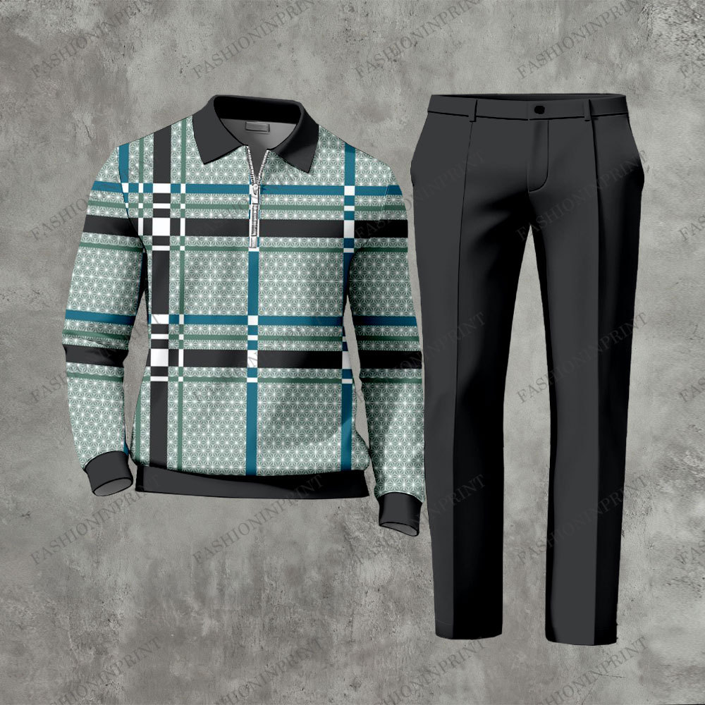 Men's Casual Color Matching Printed Zipper Long Sleeved Polo Shirt ...