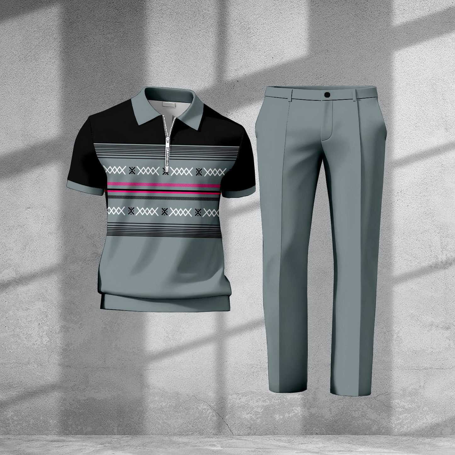 Men's Casual Green & Black Color Matching Retro Style Printed Short Sl ...