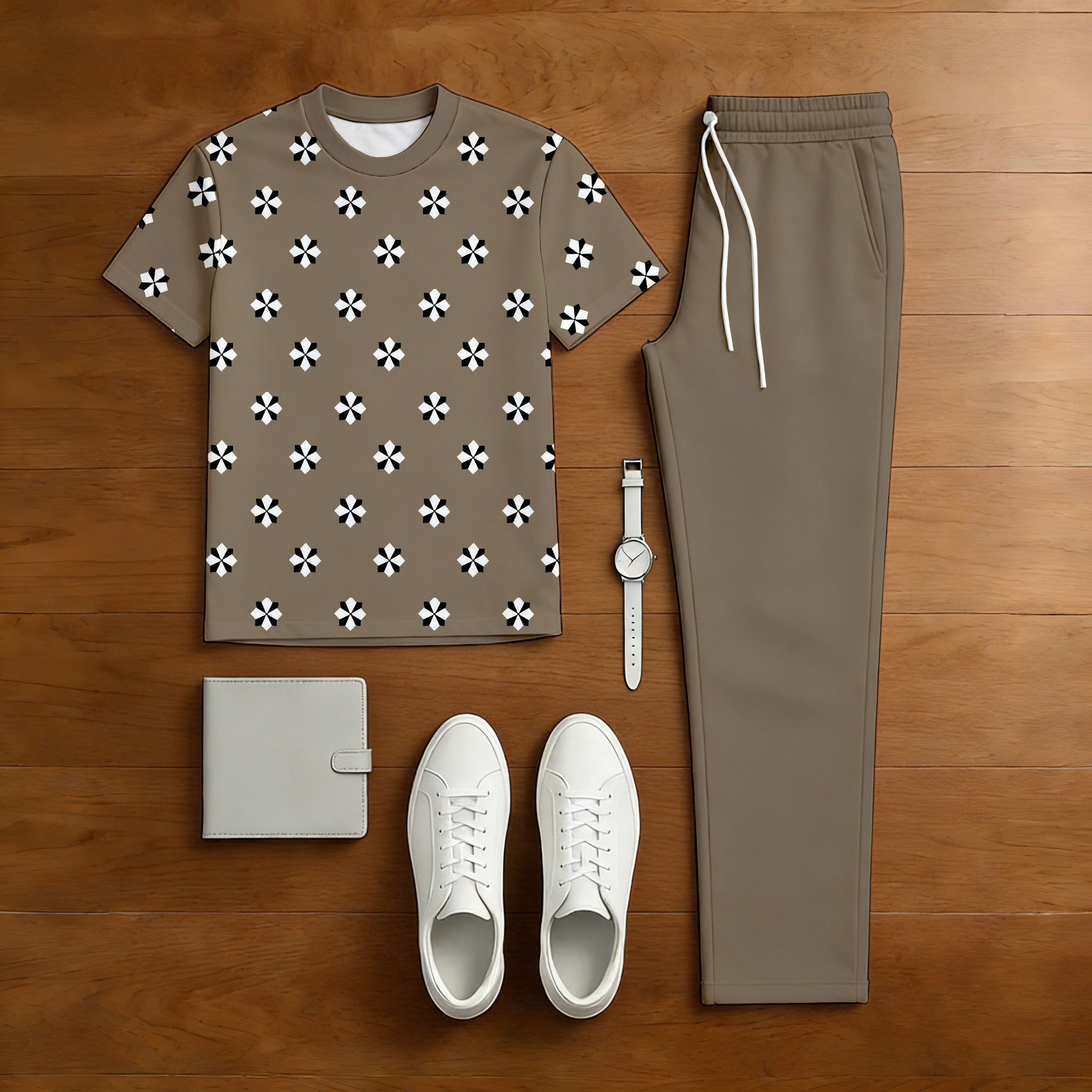 Men's Casual Color Matching Printed Short Sleeved T-Shirt & Trousers ...