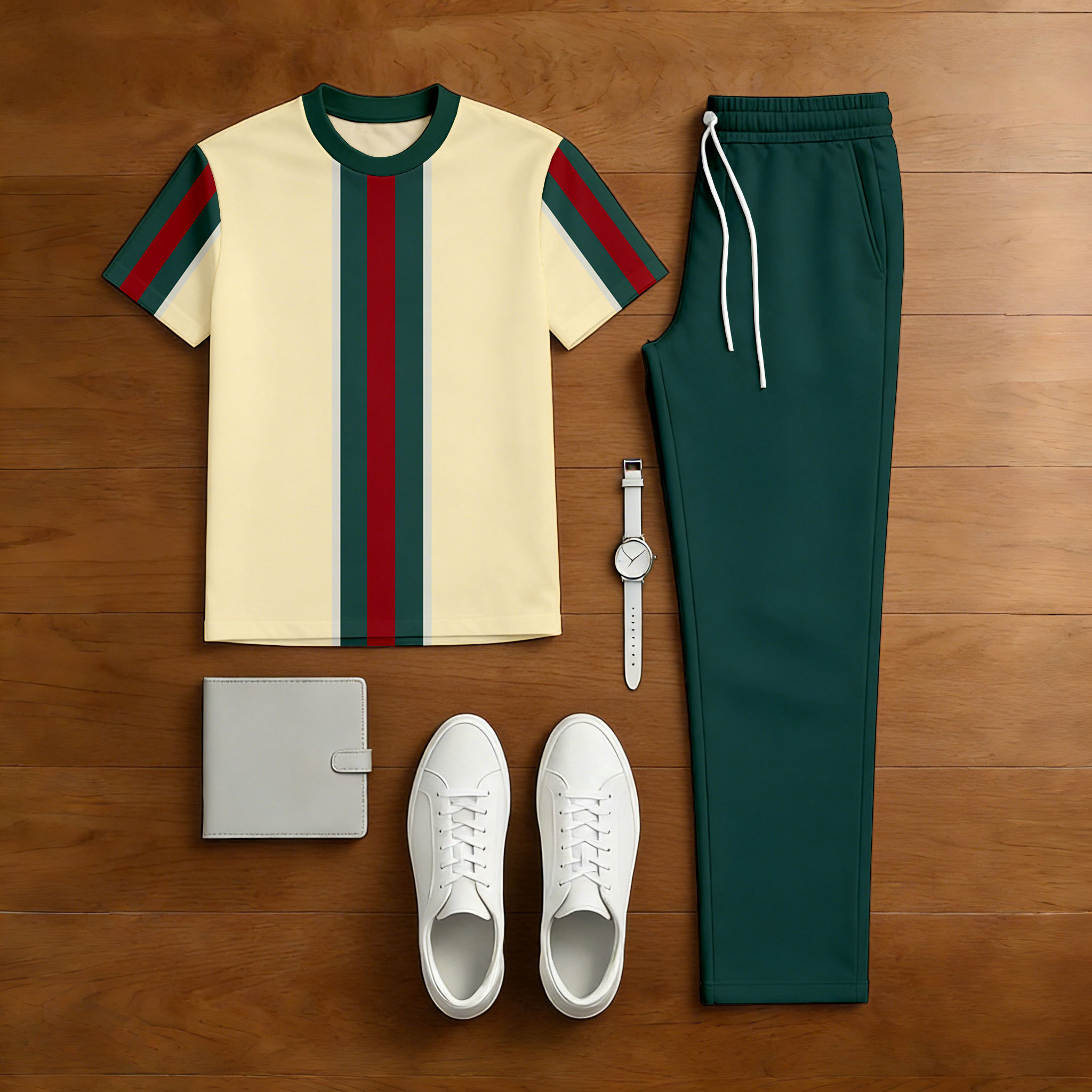 Men's Casual Green & Yellow Color Matching Printed Short Sleeved T-Shi ...