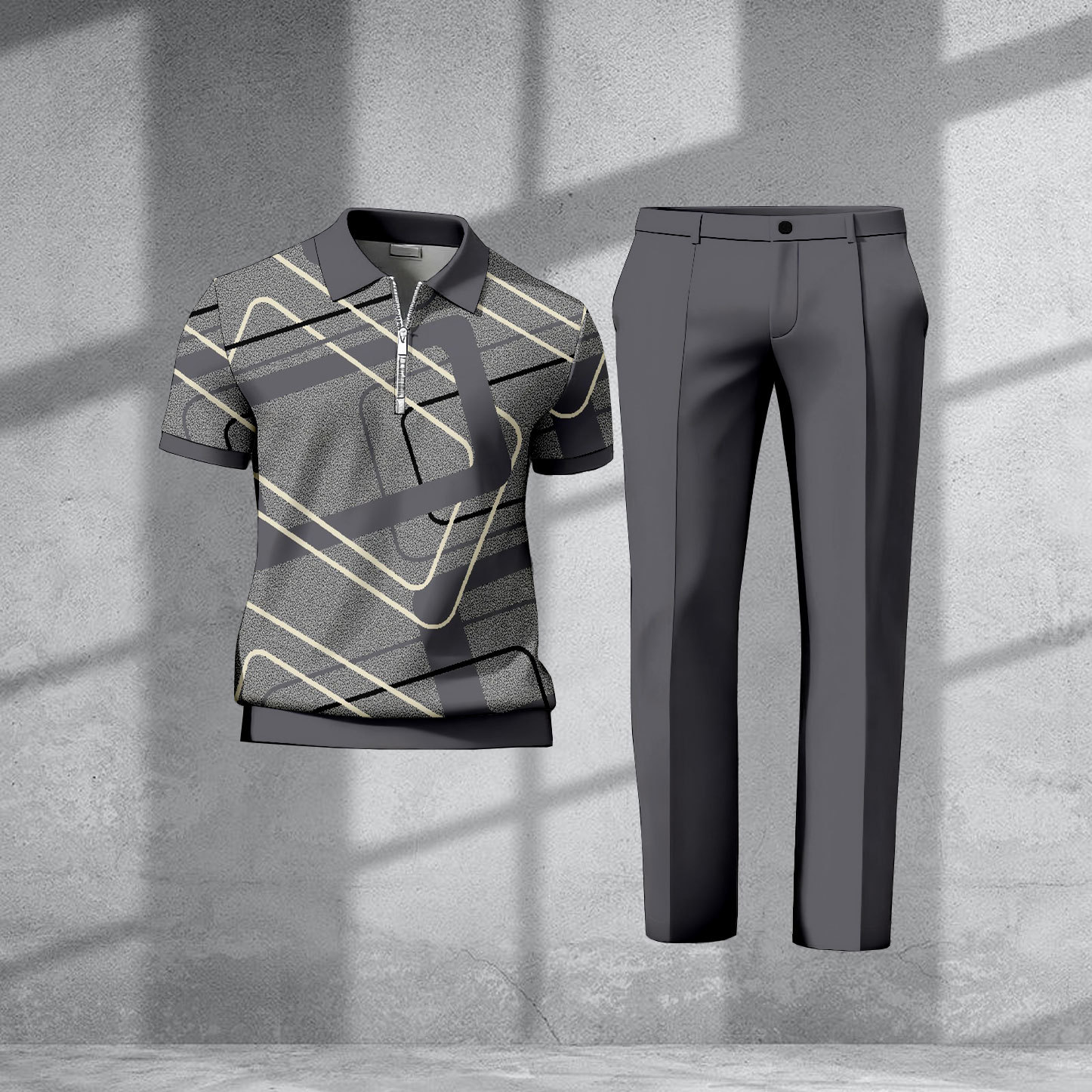 Men's Casual Dark Gray Color Matching Geometric Printed Short Sleeved ...