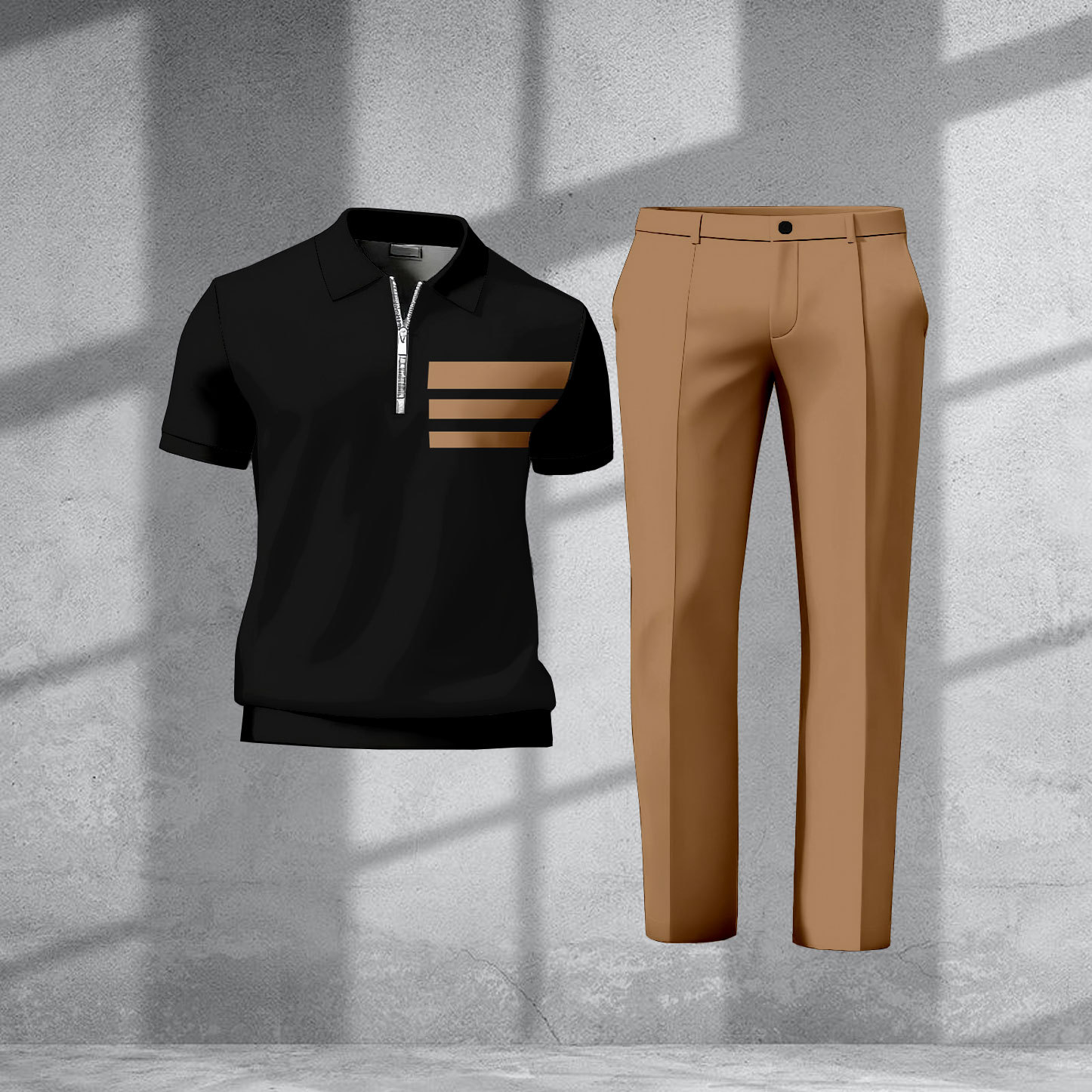 Men's Casual Two-Piece Set With Color Block Print Polo Collar Zipper S ...