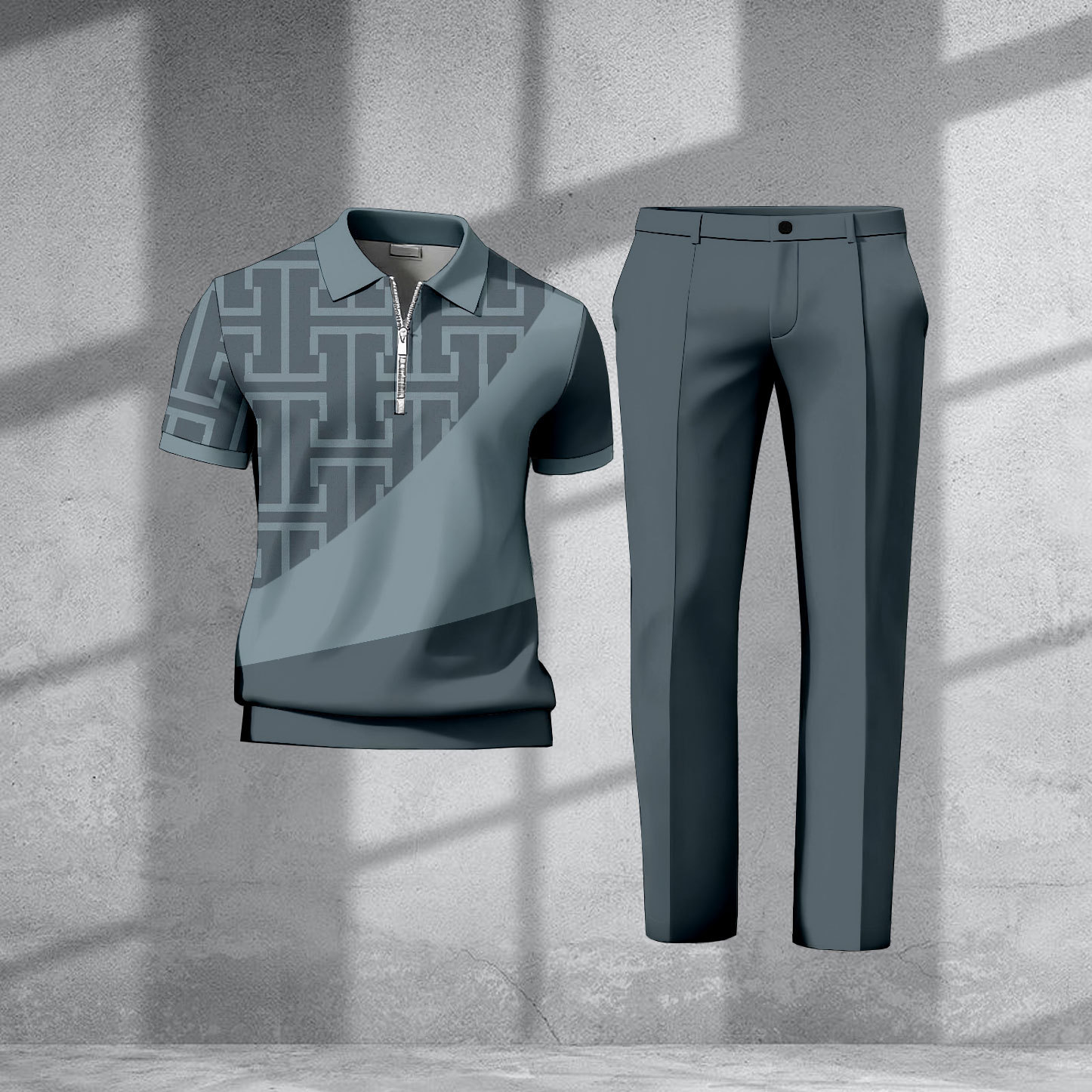 Men's Casual Color Matching Printed Short Sleeved Zipper Polo Shirt ...