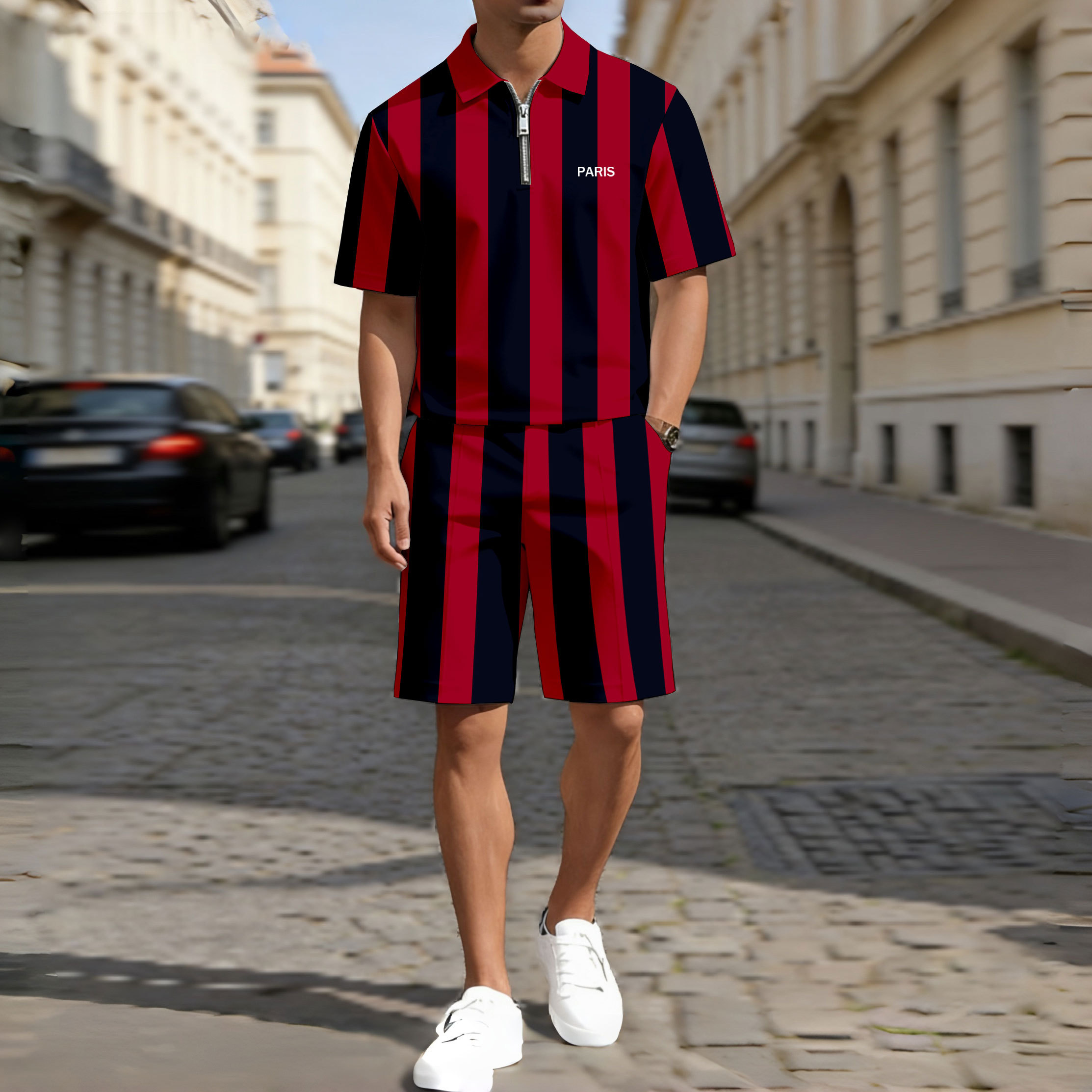 Men's Casual Red & Black Color Matching Striped Printed Zipper Short S ...