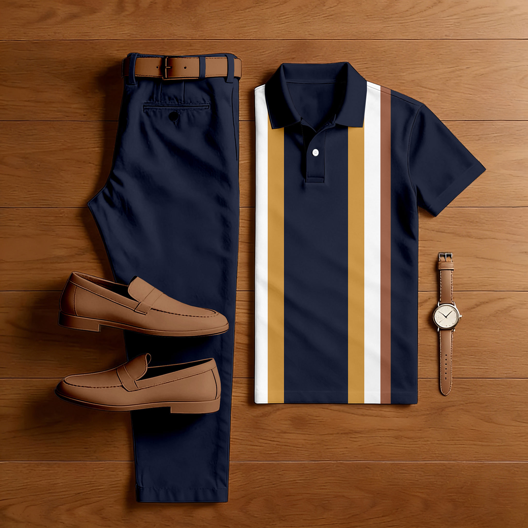 Men's Casual Color Matching Printed Short Sleeved Polo Shirt & Trousers ...