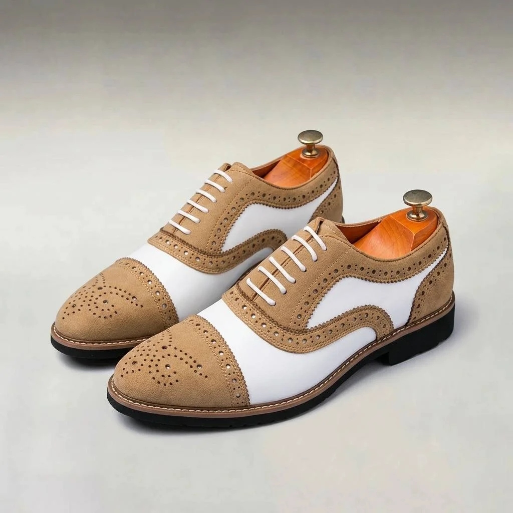 Men's Two Tone PU Leather Lace-Up Brogue Perforations Oxford Shoes ...