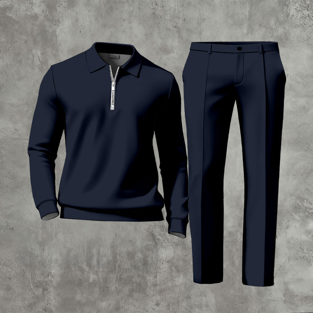 Men's Casual Solid Color Polo-Collar Zipper Long Sleeved Trousers Two ...